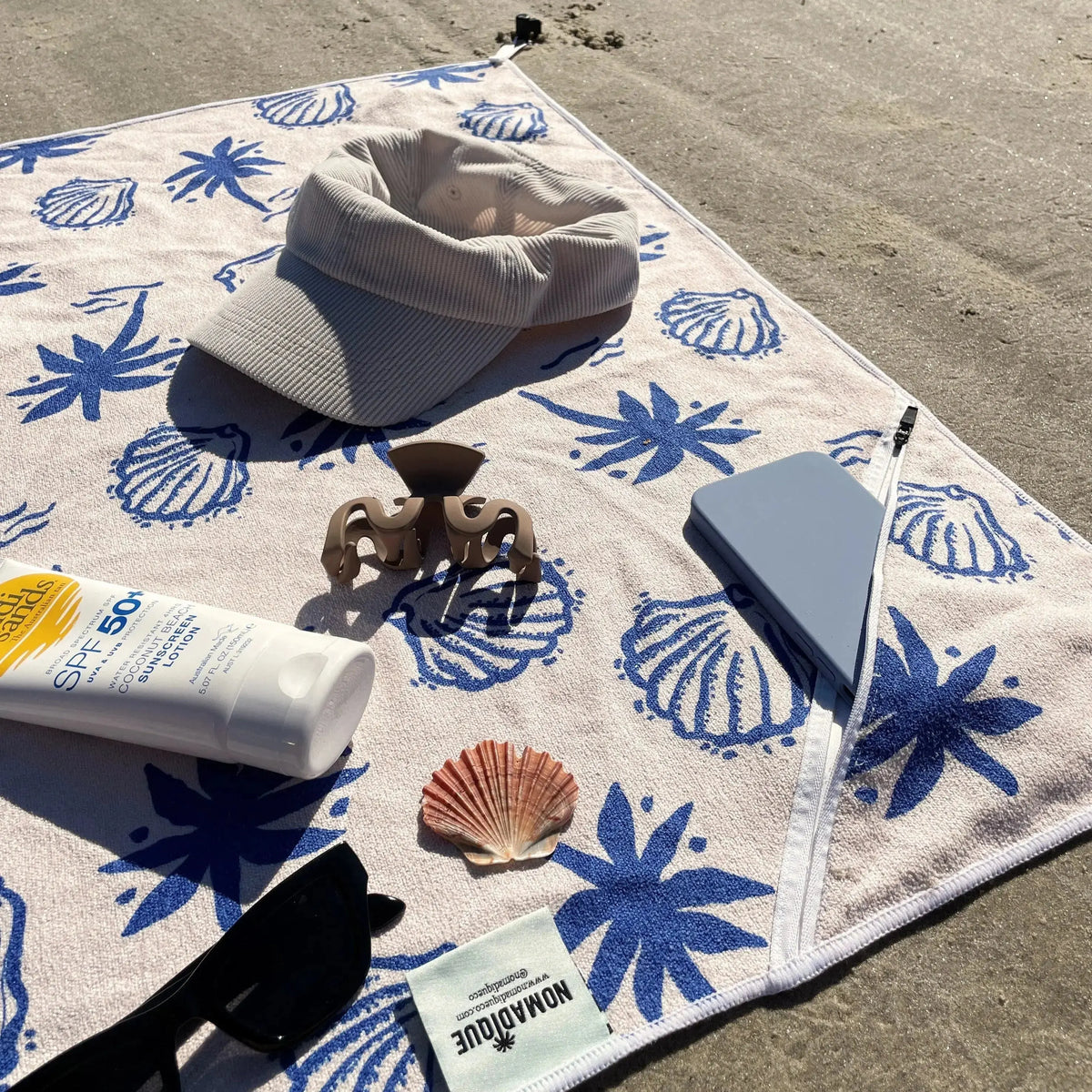 Santorini Shells & Palms Beach Towel With Pocket